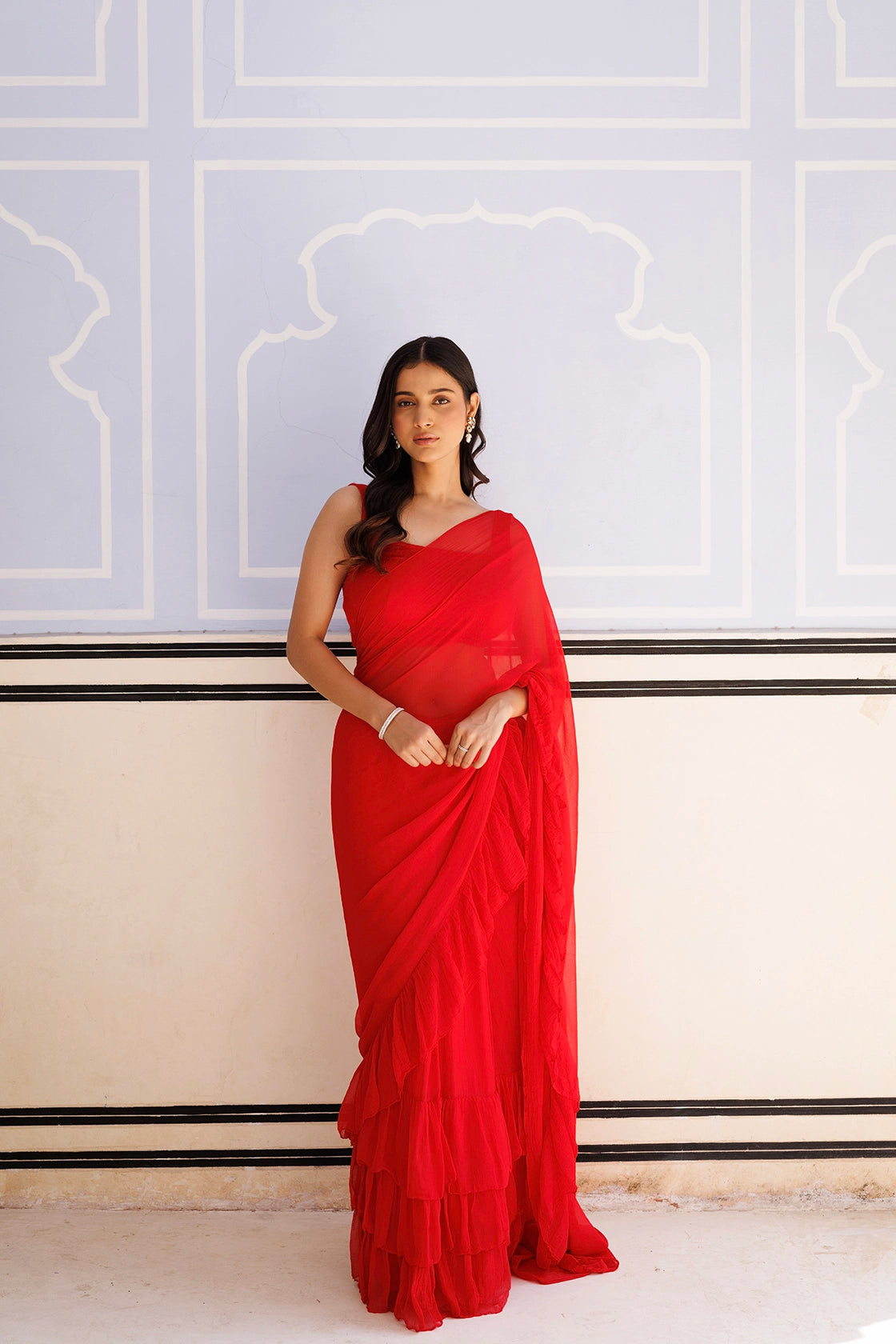Red Chiffon Ruffle Saree – Geroo Jaipur